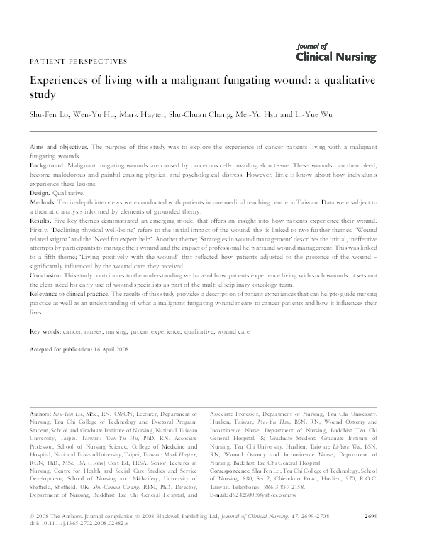 (PDF) Experiences of living with a malignant fungating wound: a ...