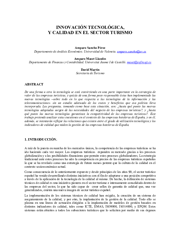 (PDF) Innovacion tecnologica y calidad en el sector turismo