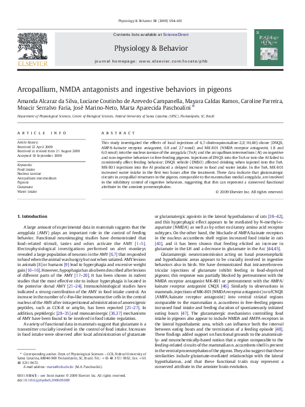 (PDF) Arcopallium, NMDA antagonists and ingestive behaviors in pigeons