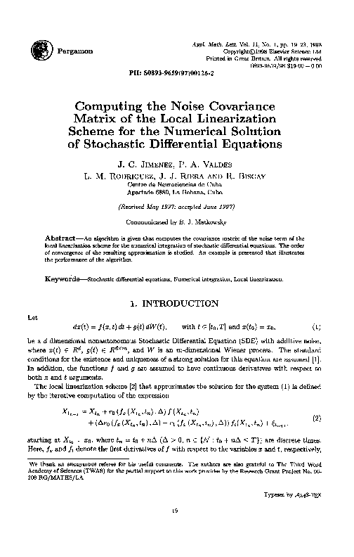 Pdf Computing The Noise Covariance Matrix Of The Local Linearization Scheme For The Numerical