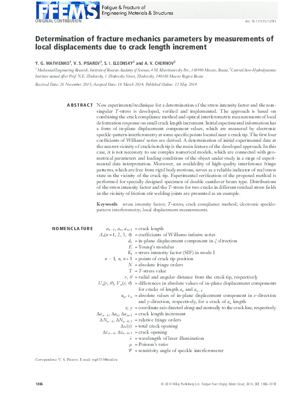 (PDF) Determination of fracture mechanics parameters by measurements of local displacements due ...