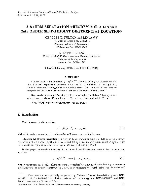 Pdf A Sturm Separation Theorem For A Linear 2nth Order Self Adjoint Differential Equation