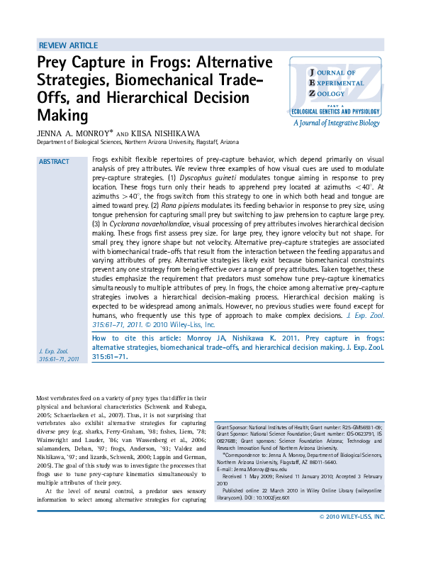 (PDF) Prey capture in frogs: alternative strategies, biomechanical ...