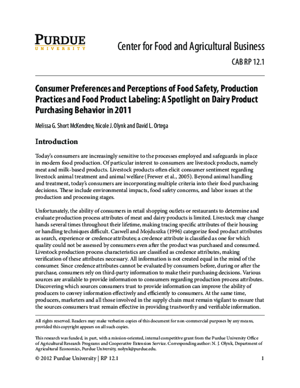 (PDF) Consumer Preferences and Perceptions of Food Safety, Production ...