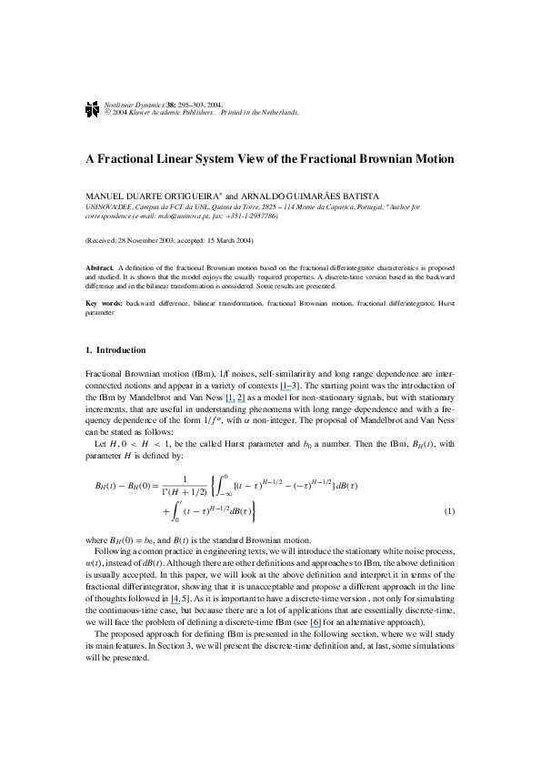 (PDF) A Fractional Linear System View of the Fractional Brownian Motion
