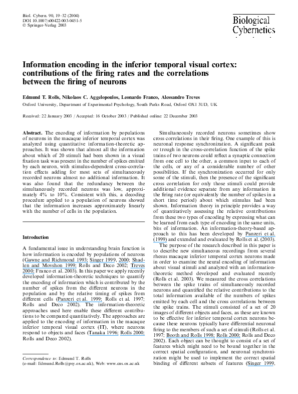 Pdf Information Encoding In The Inferior Temporal Visual Cortex Contributions Of The Firing