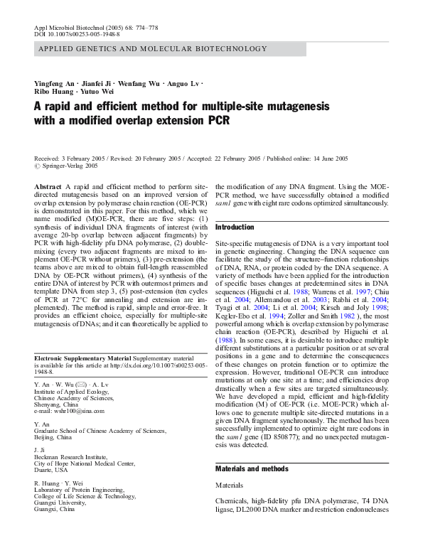 (PDF) A rapid and efficient method for multiple-site mutagenesis with a ...
