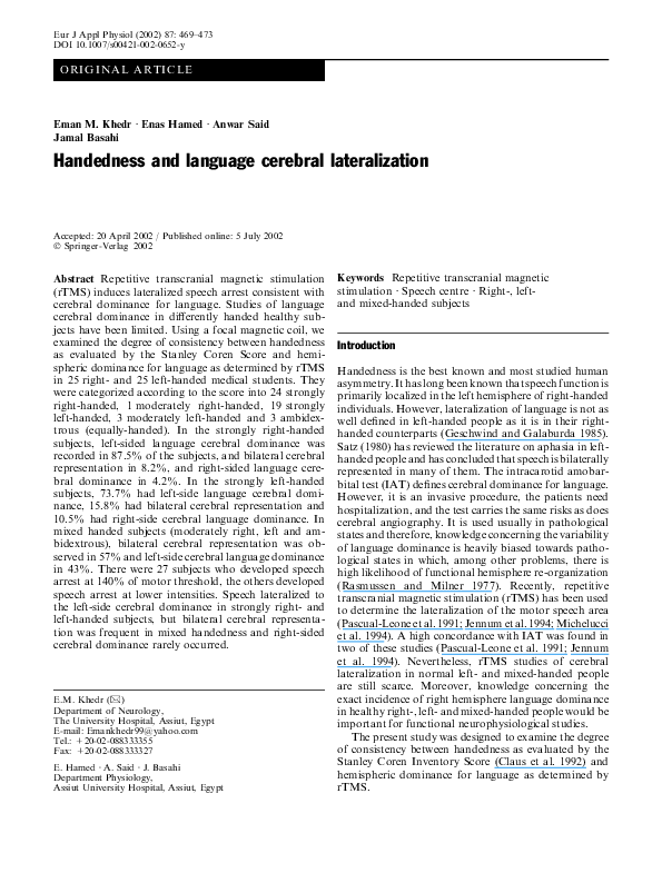 (PDF) Handedness and language cerebral lateralization