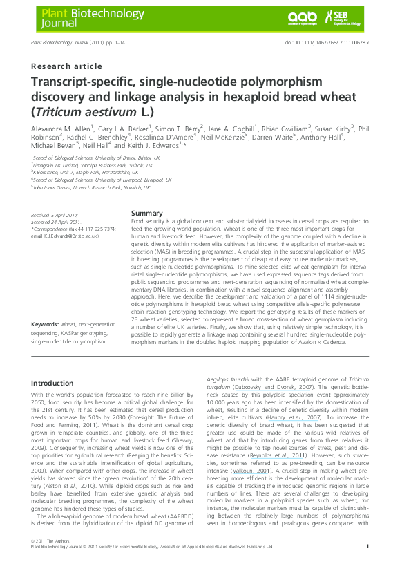 Pdf Transcript Specific Single Nucleotide Polymorphism Discovery And Linkage Analysis In