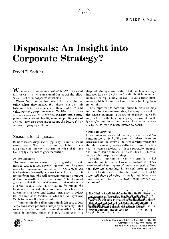 (PDF) Disposals: An insight into corporate strategy