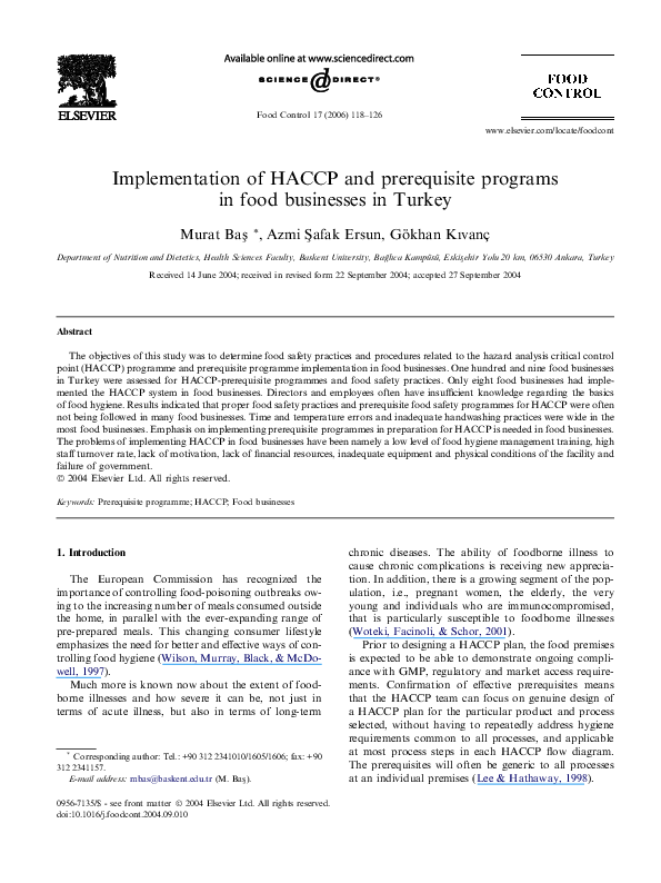 (PDF) Implementation of HACCP and prerequisite programs in food ...