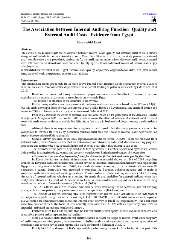 (PDF) The Association between Internal Auditing Function Quality and External Audit Costs ...