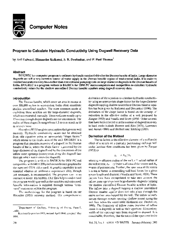 (PDF) Program to Calculate Hydraulic Conductivity Using Dugwell ...