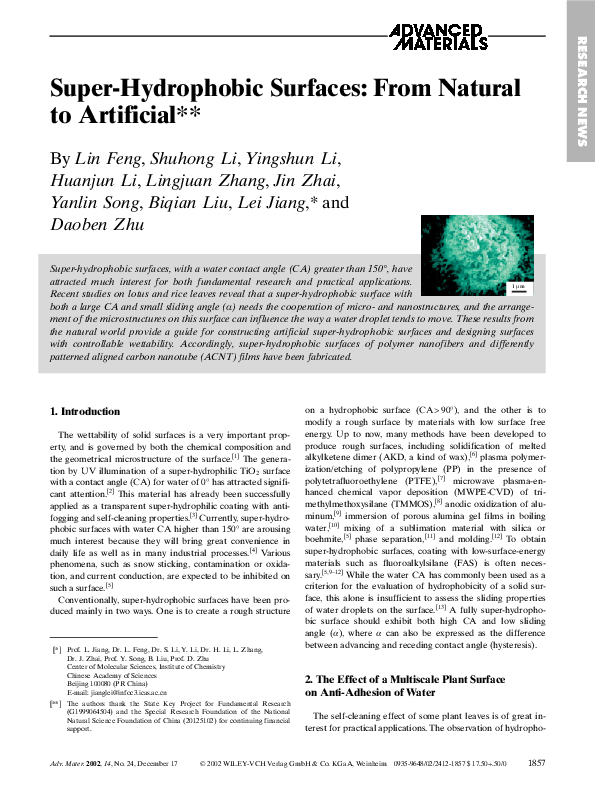 (PDF) Super-Hydrophobic Surfaces: From Natural to Artificial