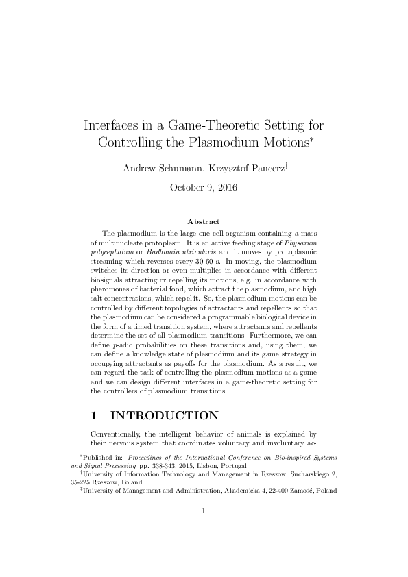 (PDF) Interfaces in a Game-theoretic Setting for Controlling the Plasmodium Motions