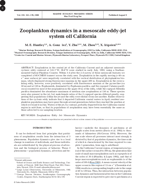 (PDF) Zooplankton dynamics in a mesoscale eddy-jet system off California
