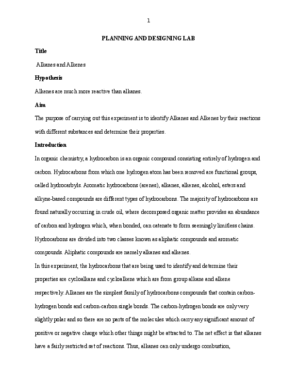 (DOC) PLANNING AND DESIGNING LAB Title Alkanes and Alkenes (DOC) PLANNING AND DESIGNING LAB Title Alkanes and Alkenes