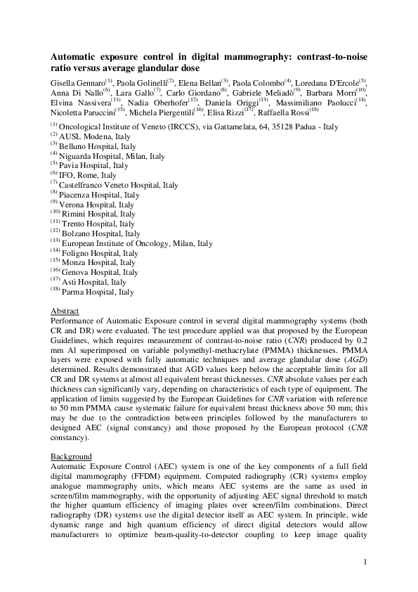 (PDF) Automatic Exposure Control in Digital Mammography: Contrast-to-Noise Ratio Versus Average ...