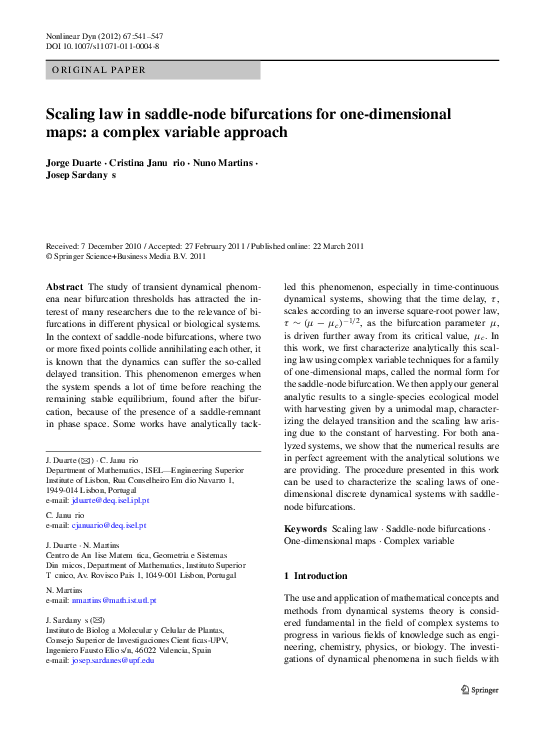(PDF) Scaling law in saddle-node bifurcations for one-dimensional maps: a complex variable approach