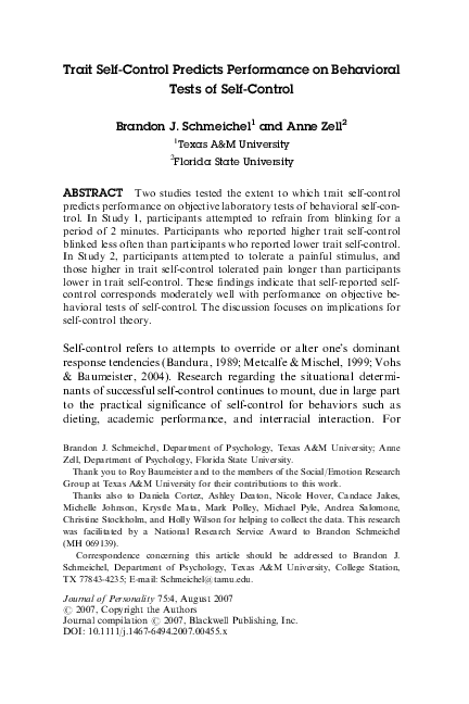 Pdf Trait Self Control Predicts Performance On Behavioral Tests Of