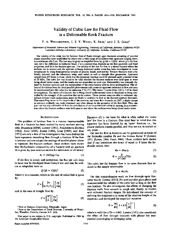 (PDF) Validity of Cubic Law for fluid flow in a deformable rock fracture
