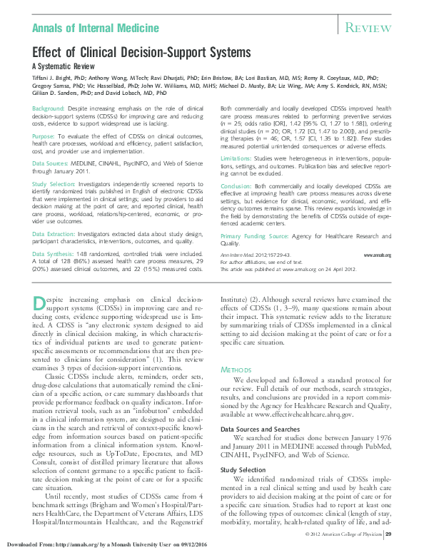 (PDF) Effect of Clinical Decision-Support Systems A Systematic Review