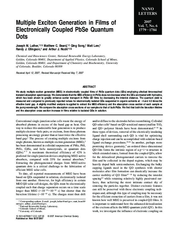 (PDF) Multiple Exciton Generation in Films of Electronically Coupled ...