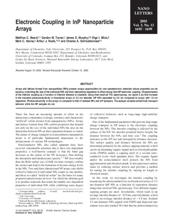 (PDF) Electronic Coupling in InP Nanoparticle Arrays