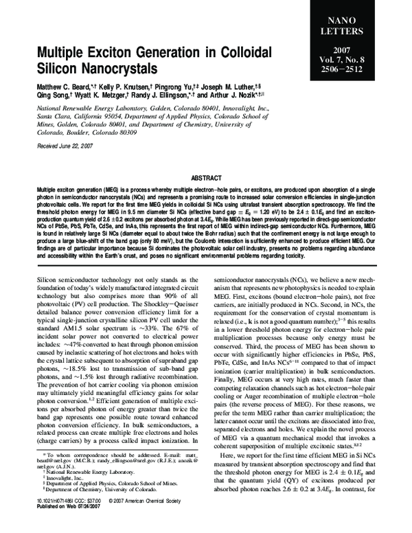 (PDF) Multiple Exciton Generation in Colloidal Silicon Nanocrystals