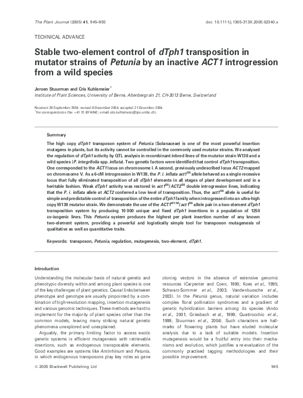 (PDF) Stable two-element control of dTph1 transposition in mutator ...