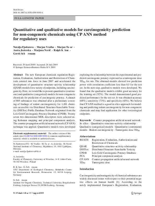 (PDF) Quantitative and qualitative models for carcinogenicity prediction for non-congeneric ...