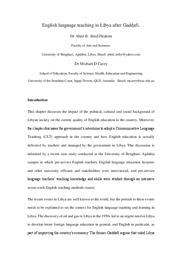 (PDF) English language teaching in Libya after Gaddafi