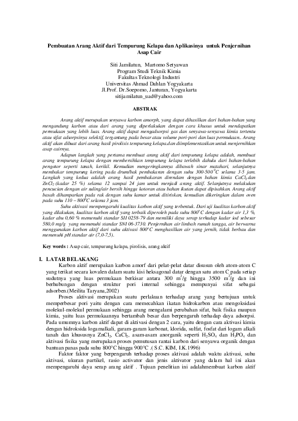 (PDF) Pembuatan Arang Aktif dari Tempurung Kelapa dan Aplikasinya untuk Penjernihan Asap Cair