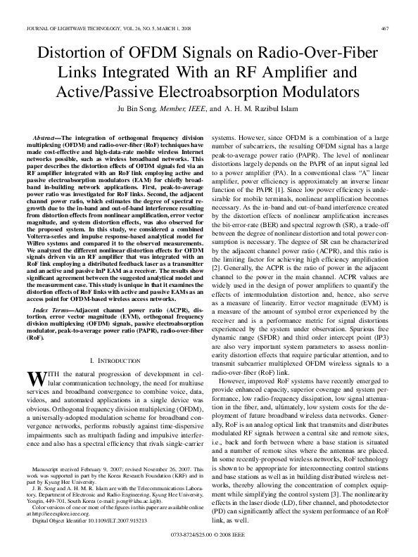(PDF) Distortion of OFDM Signals on Radio-Over-Fiber Links Integrated With an RF Amplifier and ...
