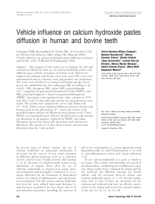 (PDF) Vehicle influence on calcium hydroxide pastes diffusion in human ...