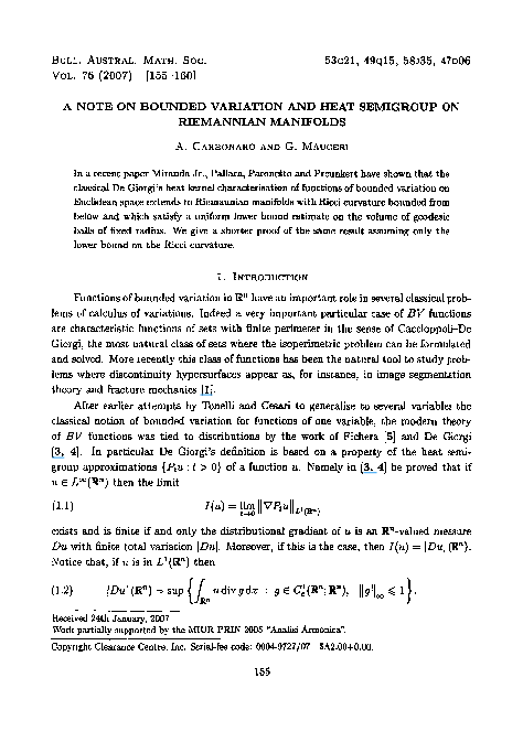 (PDF) A note on bounded variation and heat semigroup on Riemannian ...