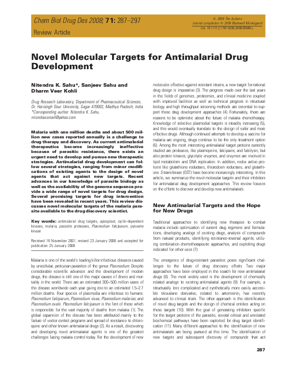 (PDF) Novel Molecular Targets for Antimalarial Drug Development