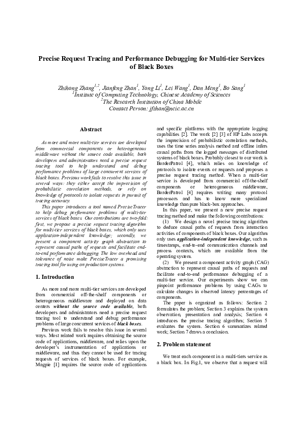 Pdf Precise Request Tracing And Performance Debugging For Multi Tier Services Of Black Boxes 