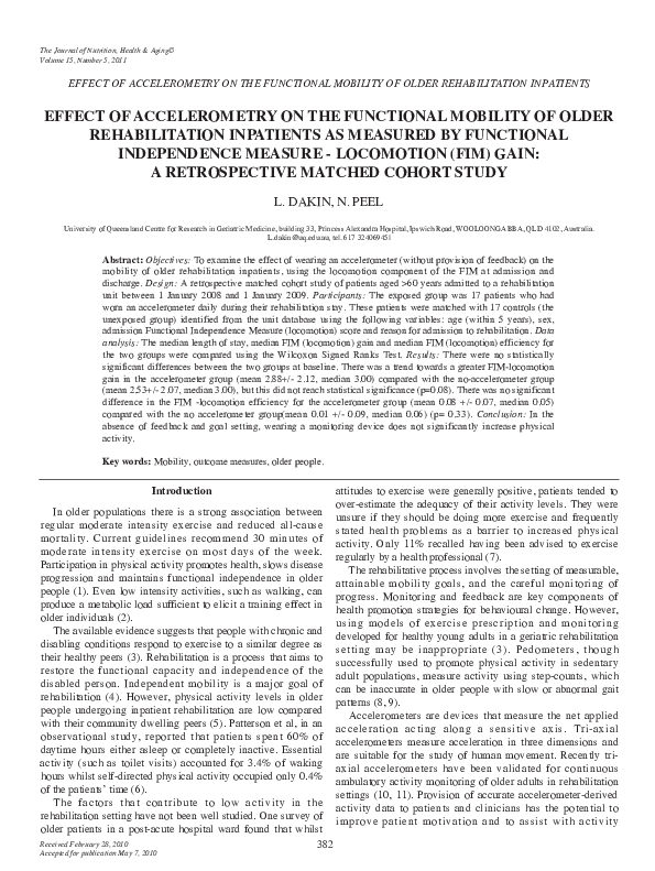 Pdf Effect Of Accelerometry On The Functional Mobility Of Older Rehabilitation Inpatients As