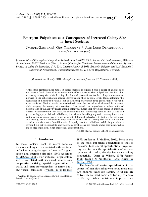 (PDF) Emergent Polyethism as a Consequence of Increased Colony Size in ...