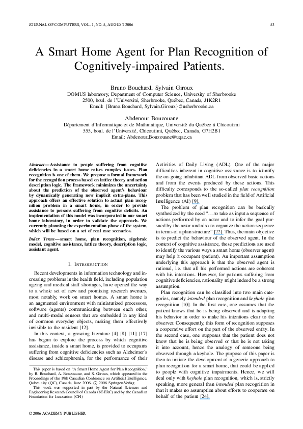 (PDF) A Smart Home Agent for Plan Recognition of Cognitively-impaired Patients