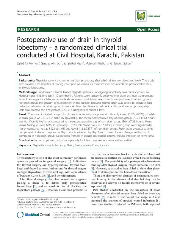 (PDF) Postoperative use of drain in thyroid lobectomy – a randomized ...