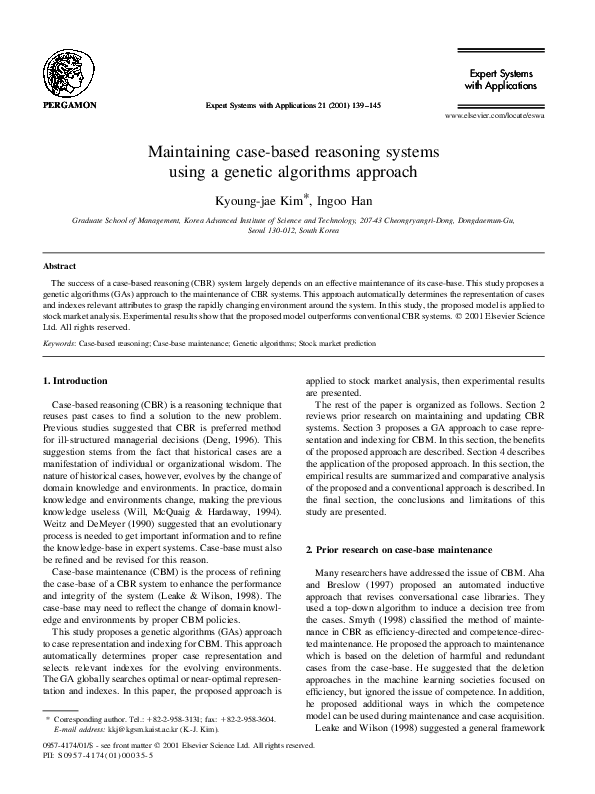 (PDF) Maintaining case-based reasoning systems using a genetic algorithms approach