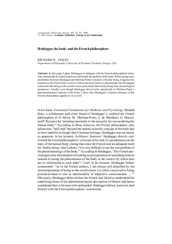 (PDF) Heidegger, the body, and the French philosophers