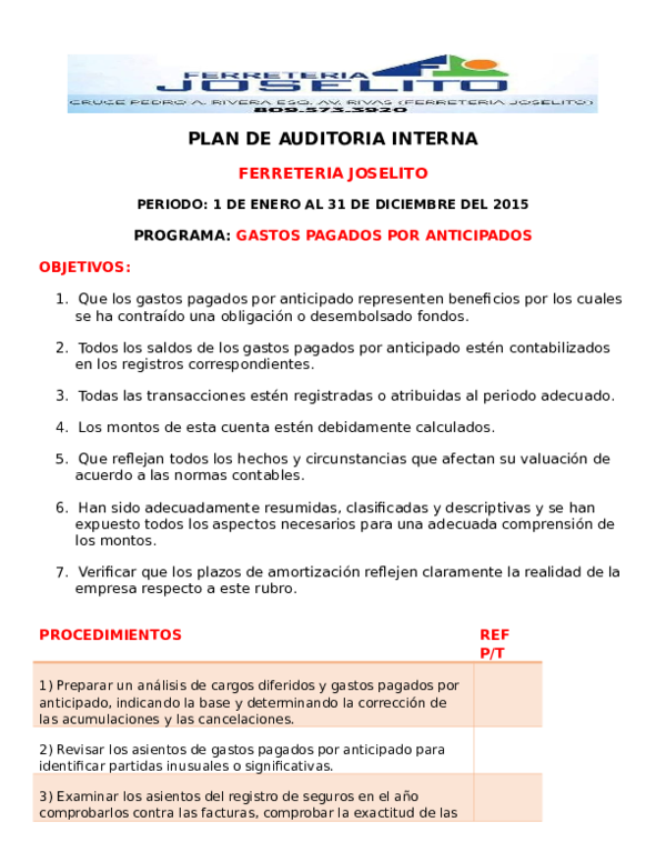 (DOC) PLAN DE AUDITORIA INTERNA FERRETERIA JOSELITO PROGRAMA: GASTOS PAGADOS POR ANTICIPADOS ...