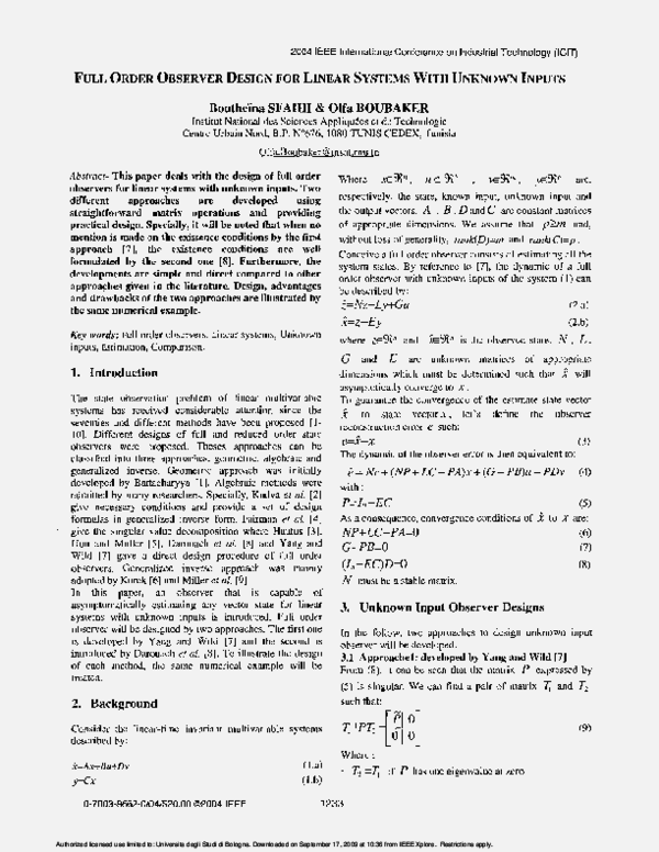 Pdf Full Order Observer Design For Linear Systems With Unknown Inputs