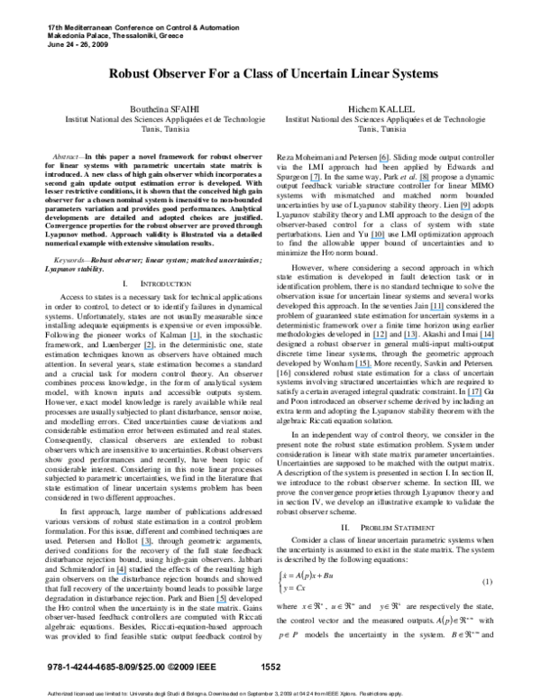 (PDF) Robust observer for a class of uncertain linear systems