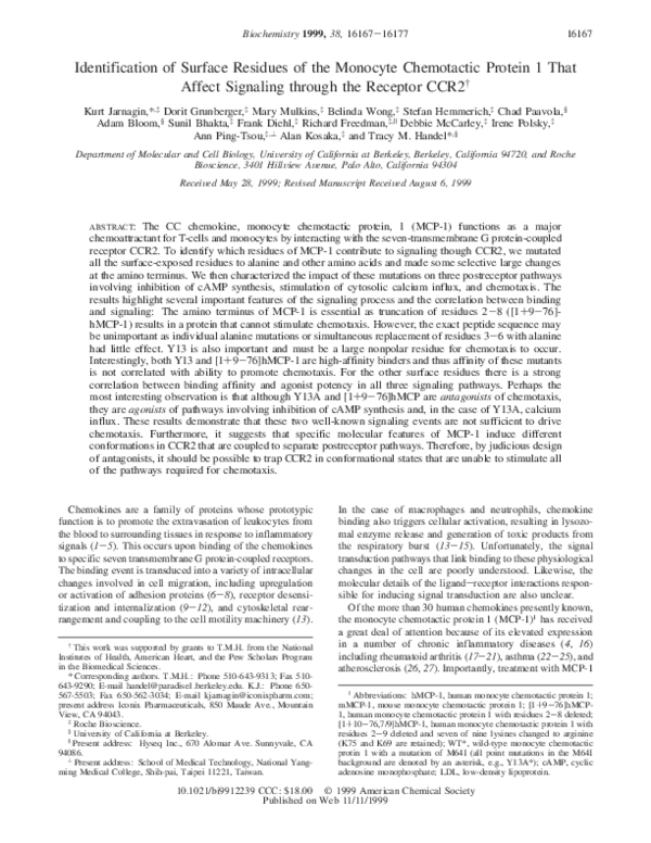 (PDF) Identification of Surface Residues of the Monocyte Chemotactic Protein 1 That Affect ...