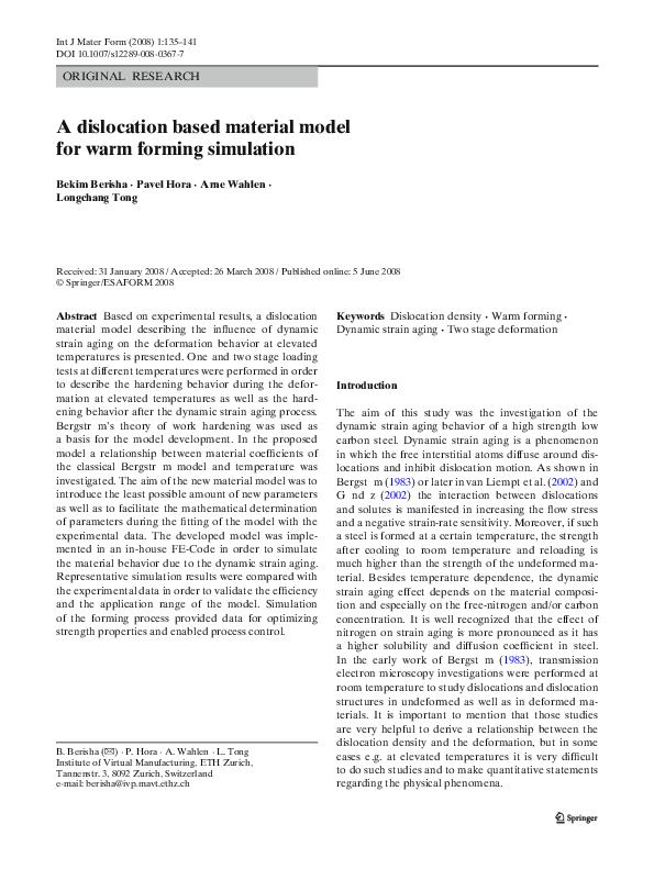 (PDF) A dislocation based material model for warm forming simulation