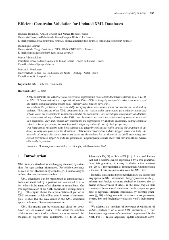 Pdf Efficient Constraint Validation For Updated Xml Databases